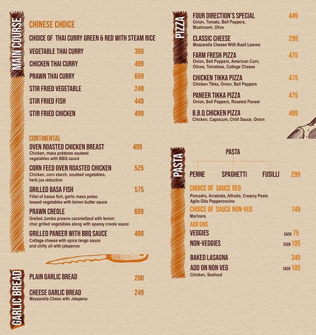 Menu at Four Directions Cafe, New Delhi