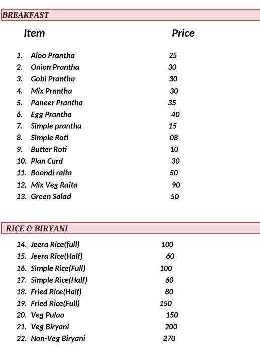 Menu of Deep Dhaba, Sector 67, Mohali