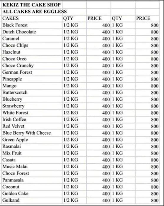 Menu of Kekiz The Cake Shop, Pimple Saudagar, Pune