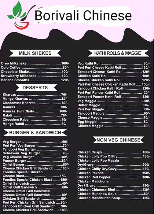 Menu of Borivali Chinese, Gorai, Mumbai