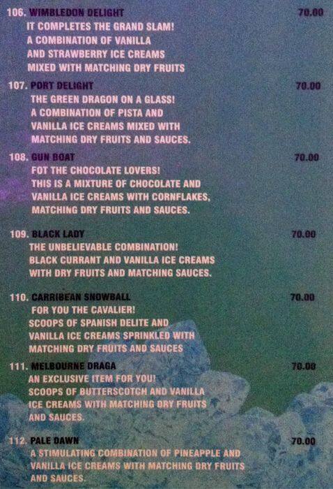 Menu at Igloo, Puducherry