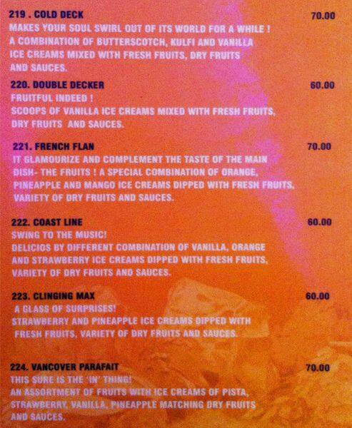 Menu at Igloo, Puducherry