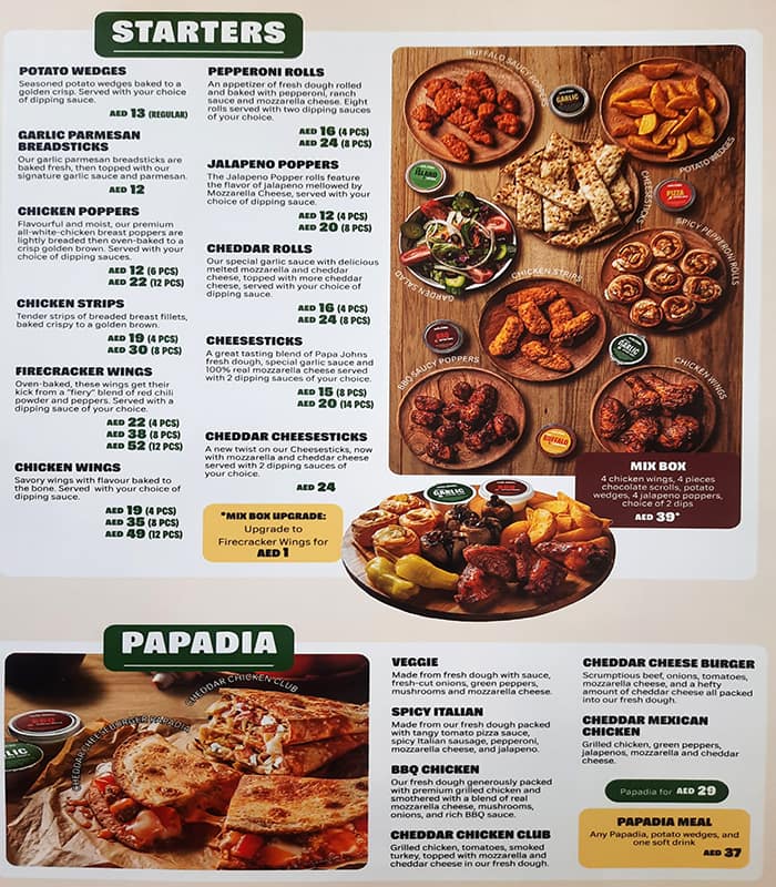 Menu of Papa John's, Al Falah City, Abu Dhabi
