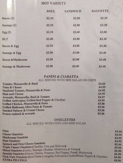 Menu at Park View Cafe, London, Manor House