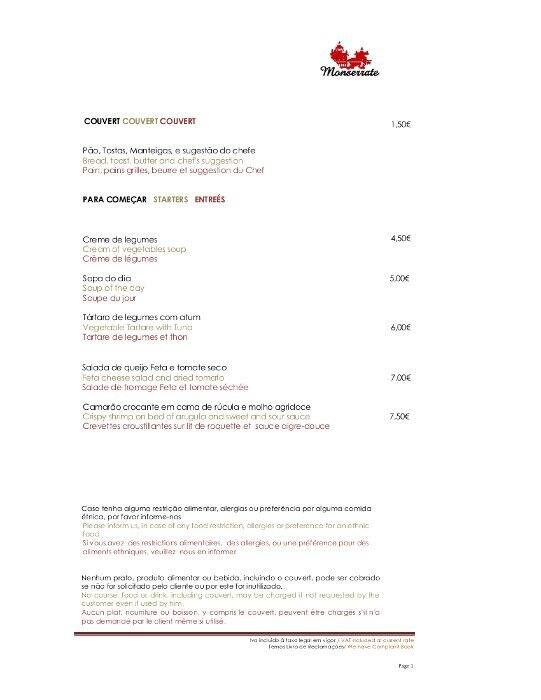 Menu em Miranda Restaurant & Terrace bar, Sintra, Hotel NH