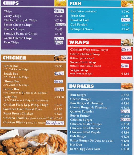Menu at The Original Borza Take Away cafe, Dublin, 200 Whitehall Rd