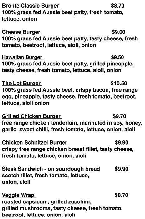 Menu at Bronte Burgers pub & bar, Waverley