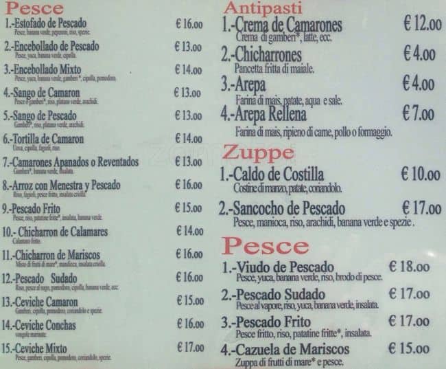 Menu da El Tipico ristorante, Milano, Corso Lodi