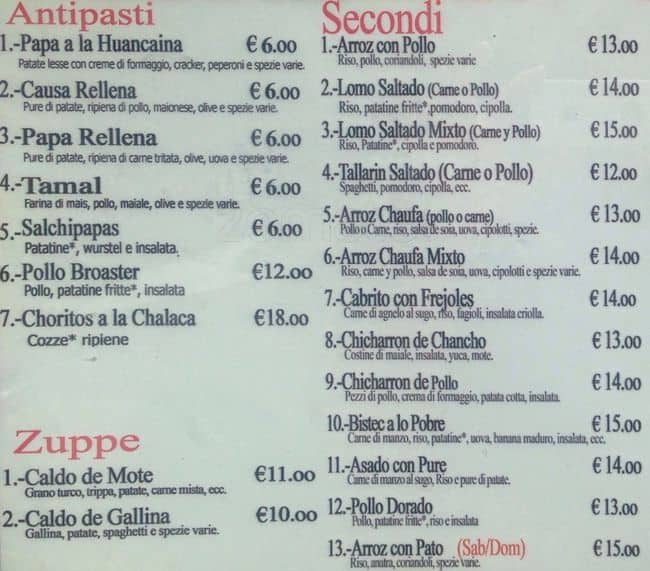 Menu da El Tipico ristorante, Milano, Corso Lodi
