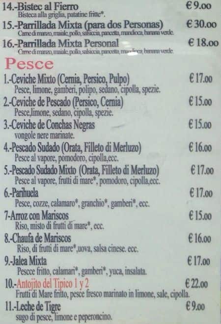 Menu at El Tipico restaurant, Milan, Corso Lodi