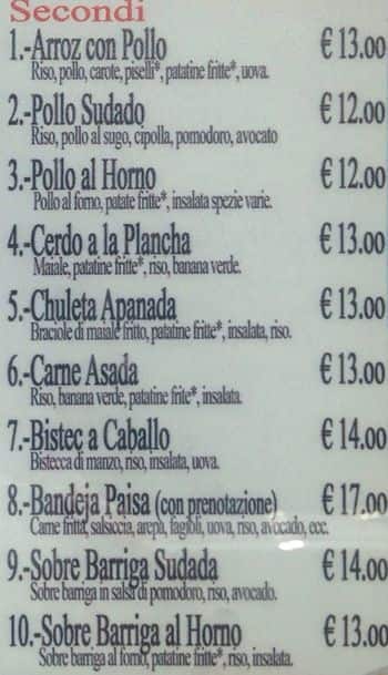 Menu at El Tipico restaurant, Milan, Corso Lodi