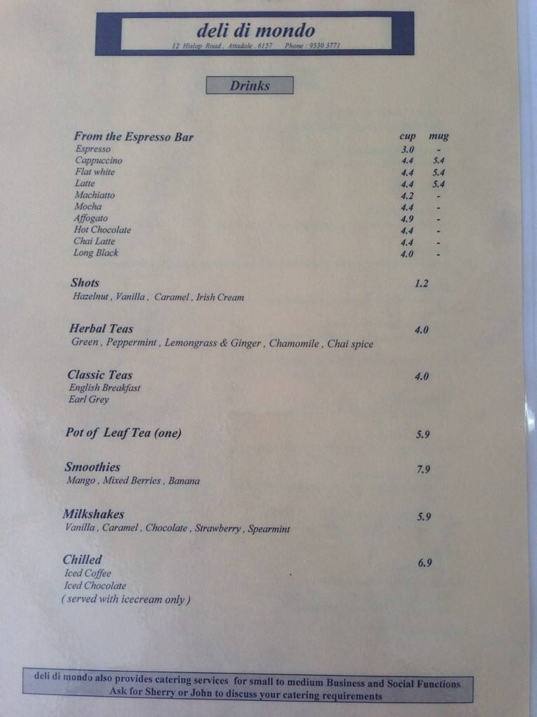 Menu at Deli Di Mondo restaurant, Attadale