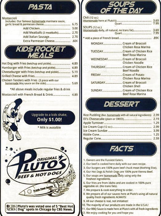 Menu at Pluto's fast food, Oak Lawn
