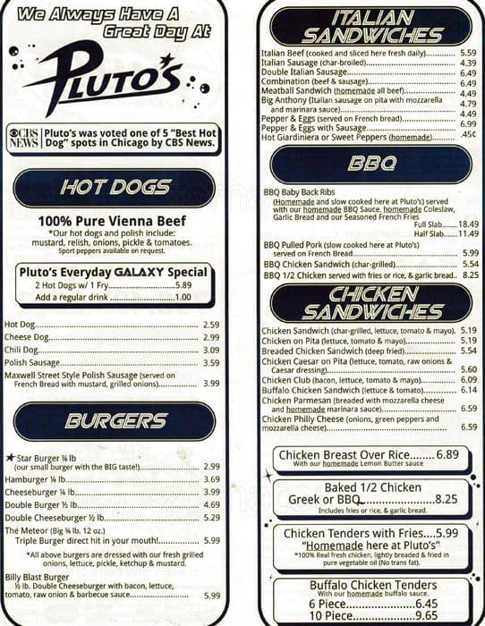 Menu at Pluto's fast food, Oak Lawn