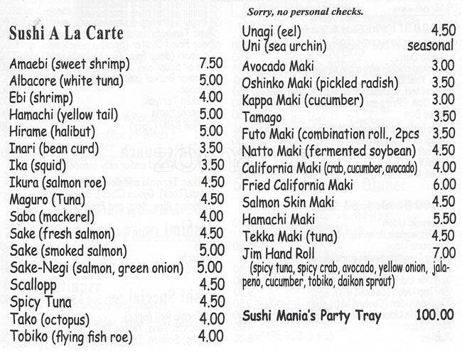Menu at Sushi Mania restaurant, San Jose