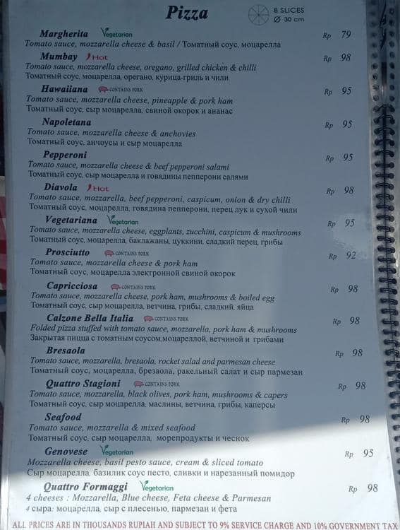 Menu at Bella Italia restaurant, Kuta, Jl. Kartika Plaza No.8x