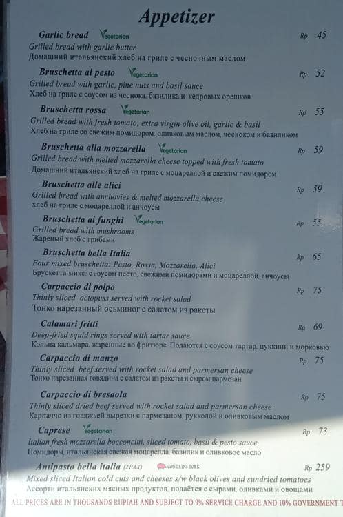 Menu at Bella Italia restaurant, Kuta, Jl. Kartika Plaza No.8x