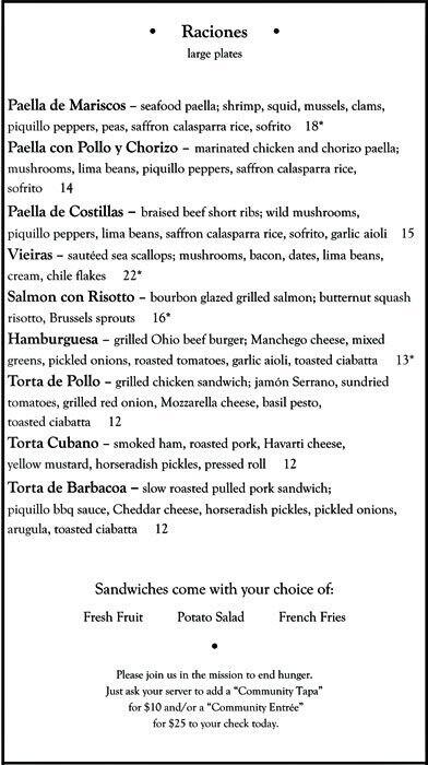 Menu at Barcelona, Columbus