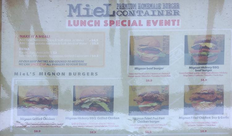 Menu at Miel Container restaurant, Brisbane City, 1 William St
