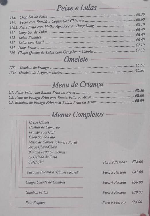 Menu em Chinese Royal restaurante, Albufeira