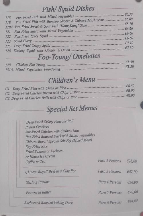 Menu em Chinese Royal restaurante, Albufeira