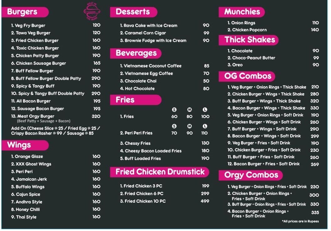 Menu of Meat In The Buns, Hosur Road, Bangalore