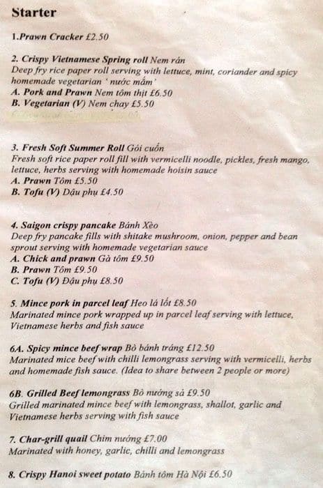 Menu at Tre Viet Hackney Central restaurant, London