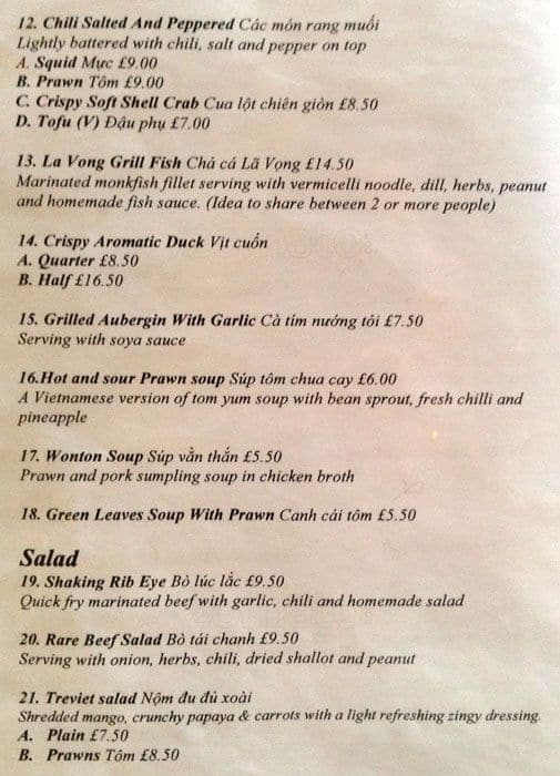 Menu at Tre Viet Hackney Central restaurant, London