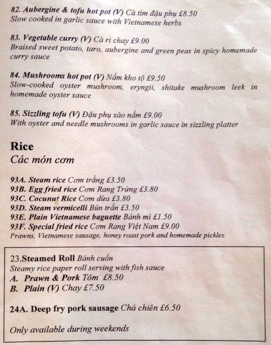 Menu at Tre Viet Hackney Central restaurant, London