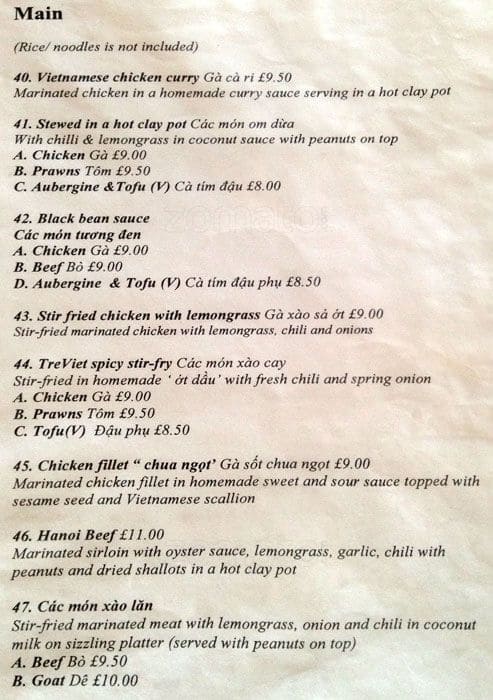 Menu at Tre Viet Hackney Central restaurant, London