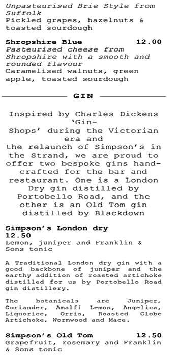 Menu at Simpson's in The Strand restaurant, London