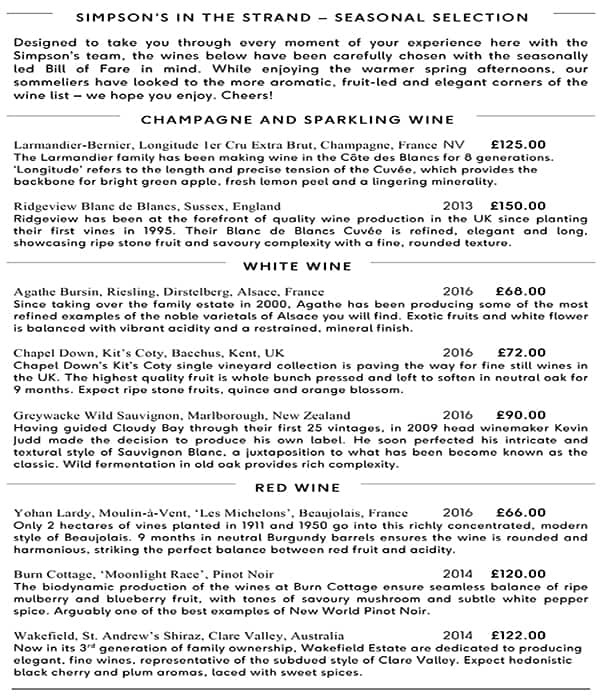 Menu at Simpson's in The Strand restaurant, London