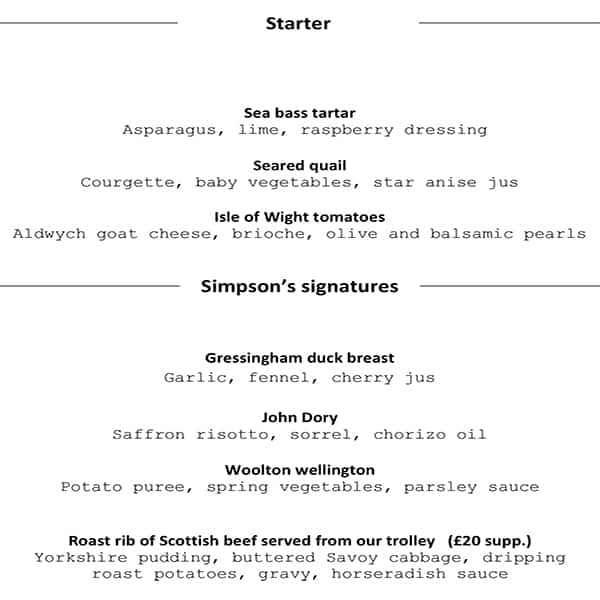 Menu at Simpson's in The Strand restaurant, London