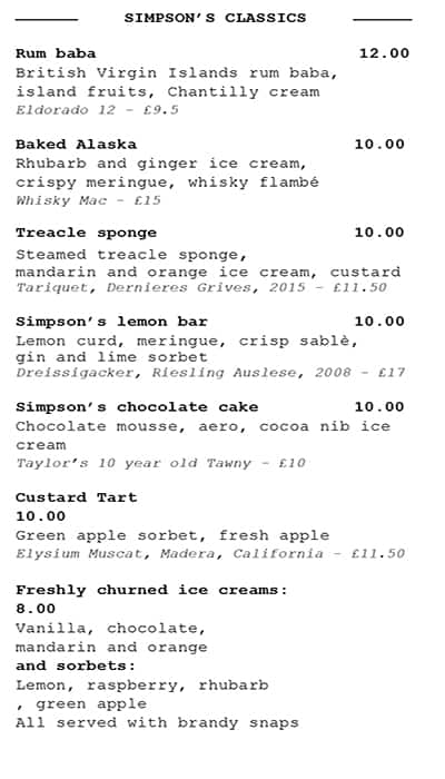 Menu at Simpson's in The Strand restaurant, London