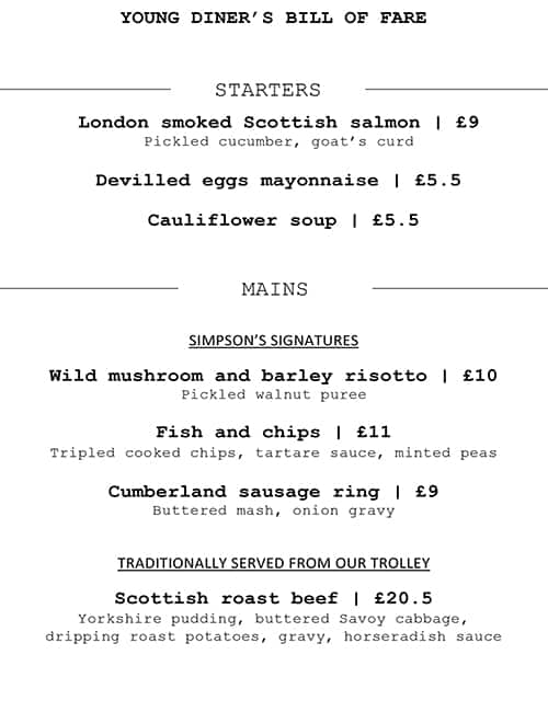 Menu at Simpson's in The Strand restaurant, London