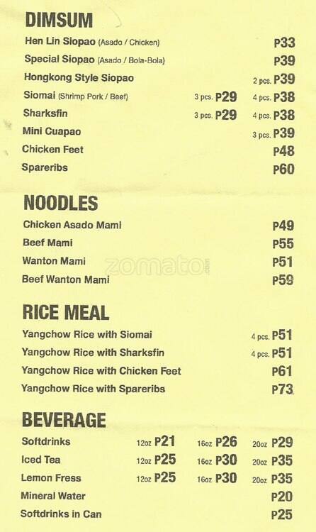 Menu at Hen Lin Makati restaurant, Makati, Shopwise