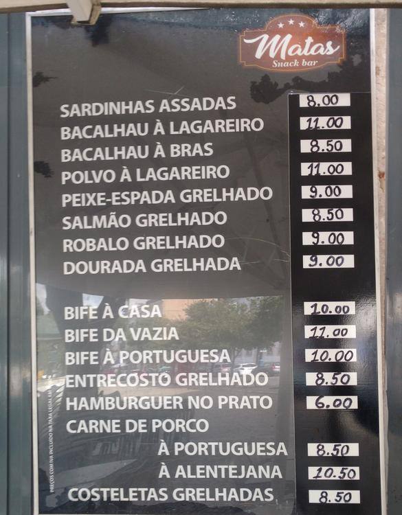 Menu em Matas - Snack Bar, Lda., Lisboa