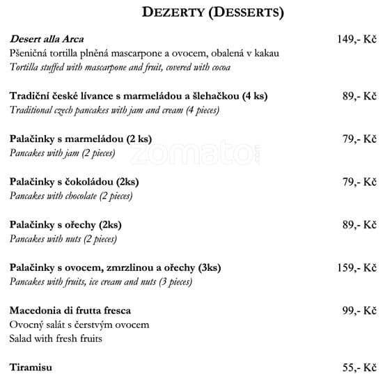 Menu at Arca restaurant, Brno