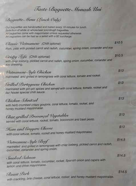 Menu at Taste Baguette cafe, Clayton, Building 10 Wellington Rd Monash ...