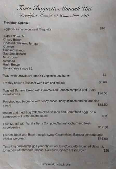 Menu at Taste Baguette cafe, Clayton, Building 10 Wellington Rd Monash ...