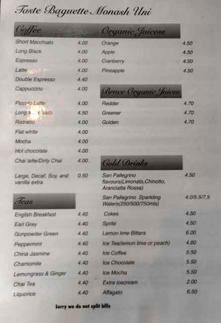 Menu at Taste Baguette cafe, Clayton, Building 10 Wellington Rd Monash ...