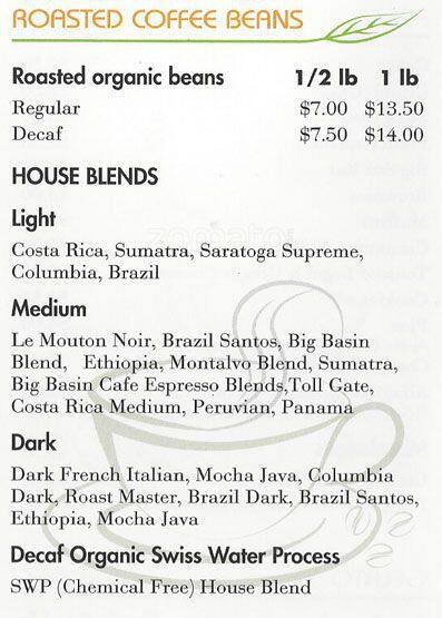 Menu at Big Basin Cafe, Saratoga
