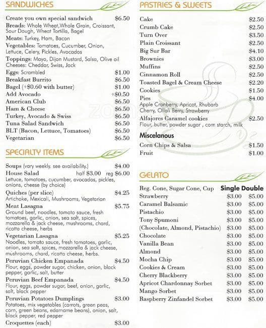 Menu at Big Basin Cafe, Saratoga