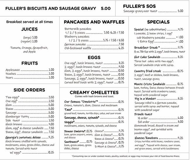Menu at Fuller's Coffee Shop restaurant, Portland