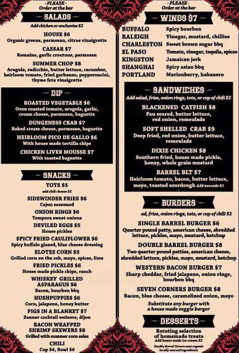 Menu at Double Barrel, Portland