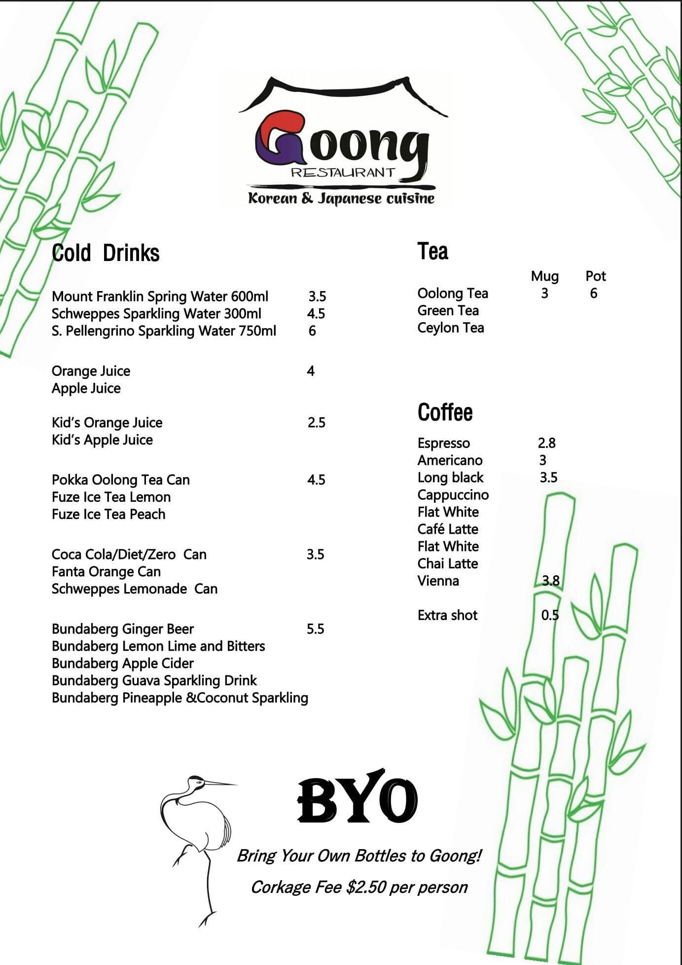 Menu at Goong Korean & Japanese Restaurant, Cairns, 21 Spence St