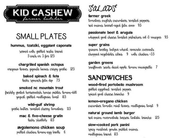 Menu at KID CASHEW restaurant, Charlotte