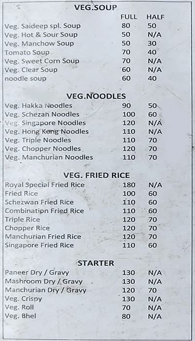 Menu of Sai Deep Hotel, Nalasopara, Mumbai