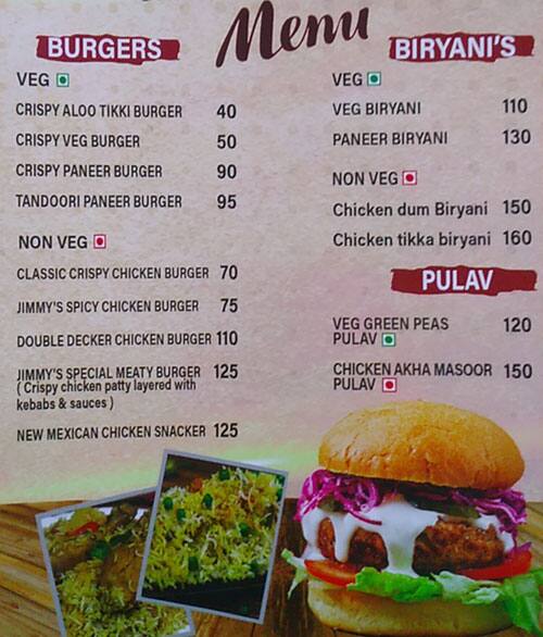 Menu of Jimmy's Burgers & Biryanis Cafe, Ghansoli, Navi Mumbai