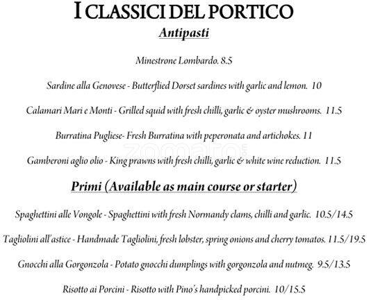 Menu at Il Portico restaurant, London